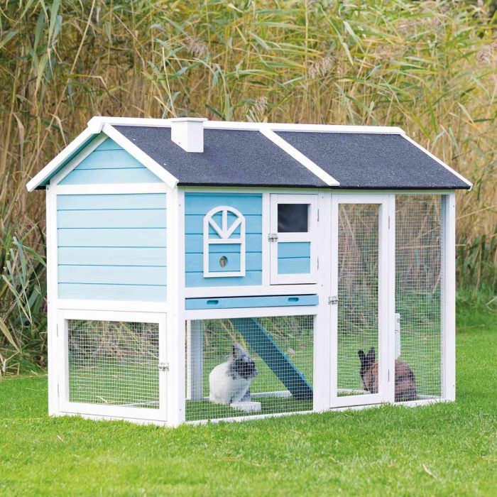 Kaninbur Uterum Blå/Vit 156cm - Stor kaninbur med två hagar